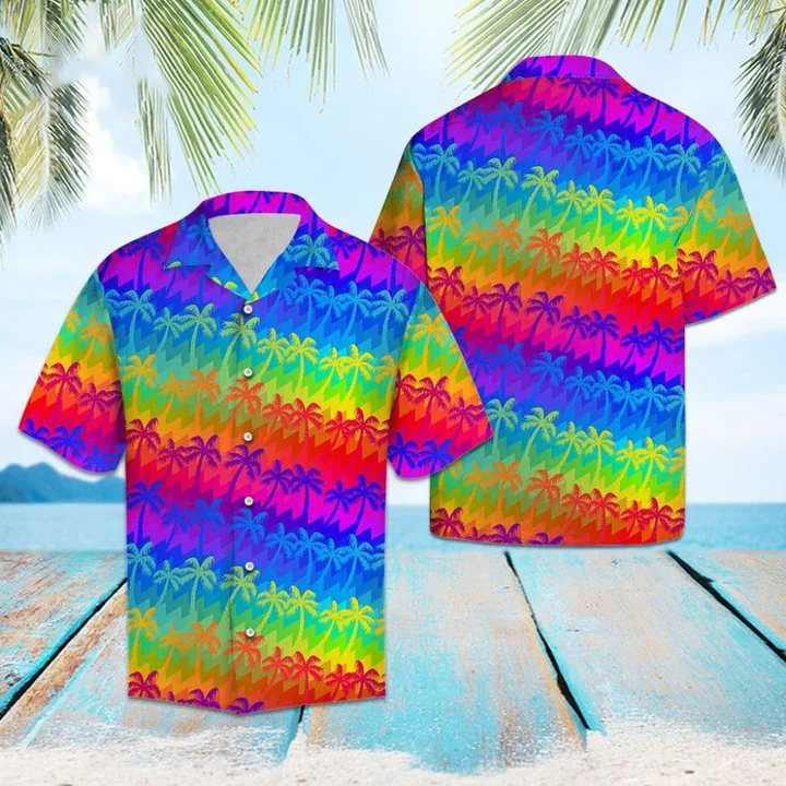 Beach Shirt Lgbt Rainbow Coconut Palm Hawaii Shirt , Rainbow Hawaiian ...