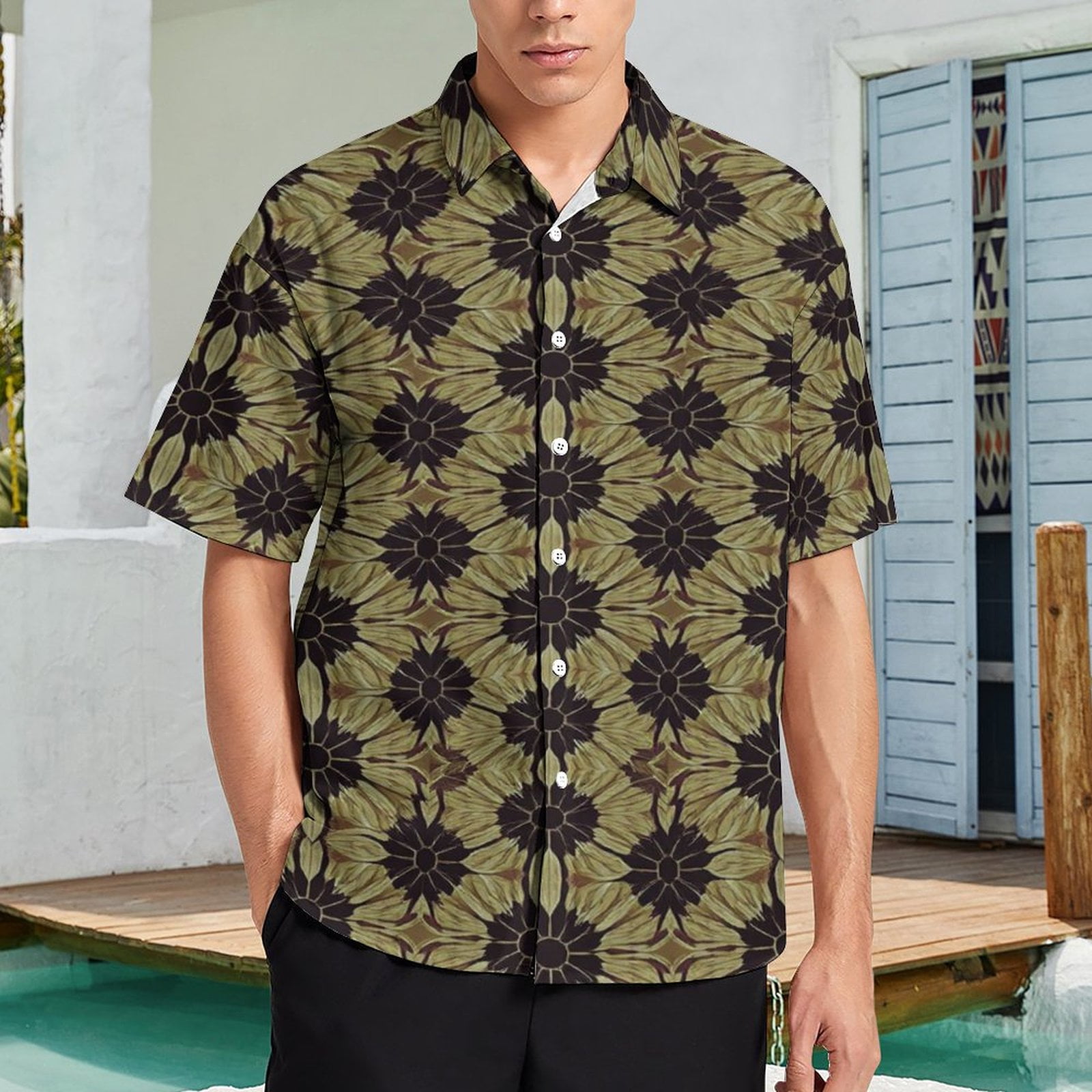 Beach Shirt Olive Green Floral Repeating Pattern Design Man Retro ...