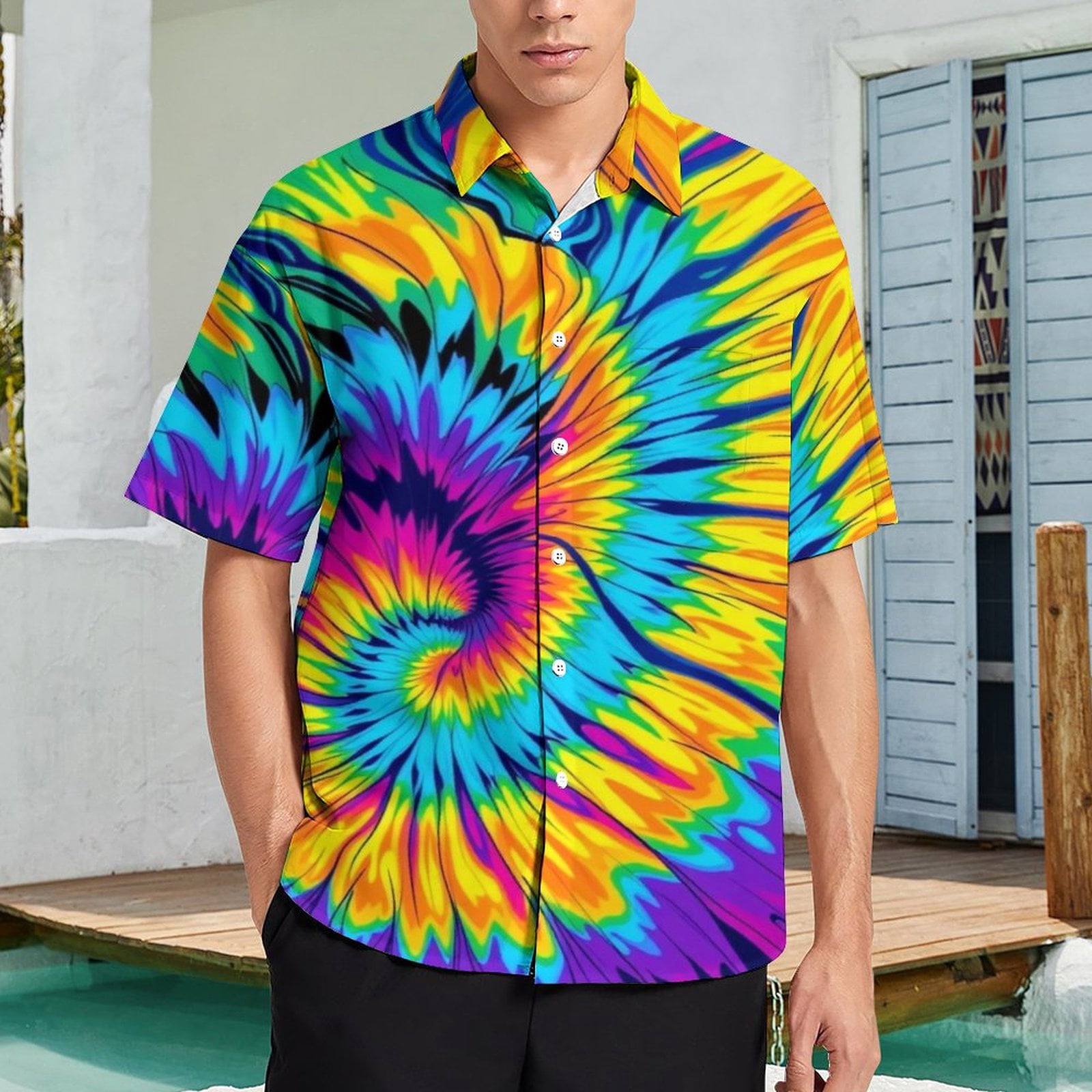 Beach Shirt Swirl And Colorful Rainbow Tie Dye Man Retro Casual Shirts ...