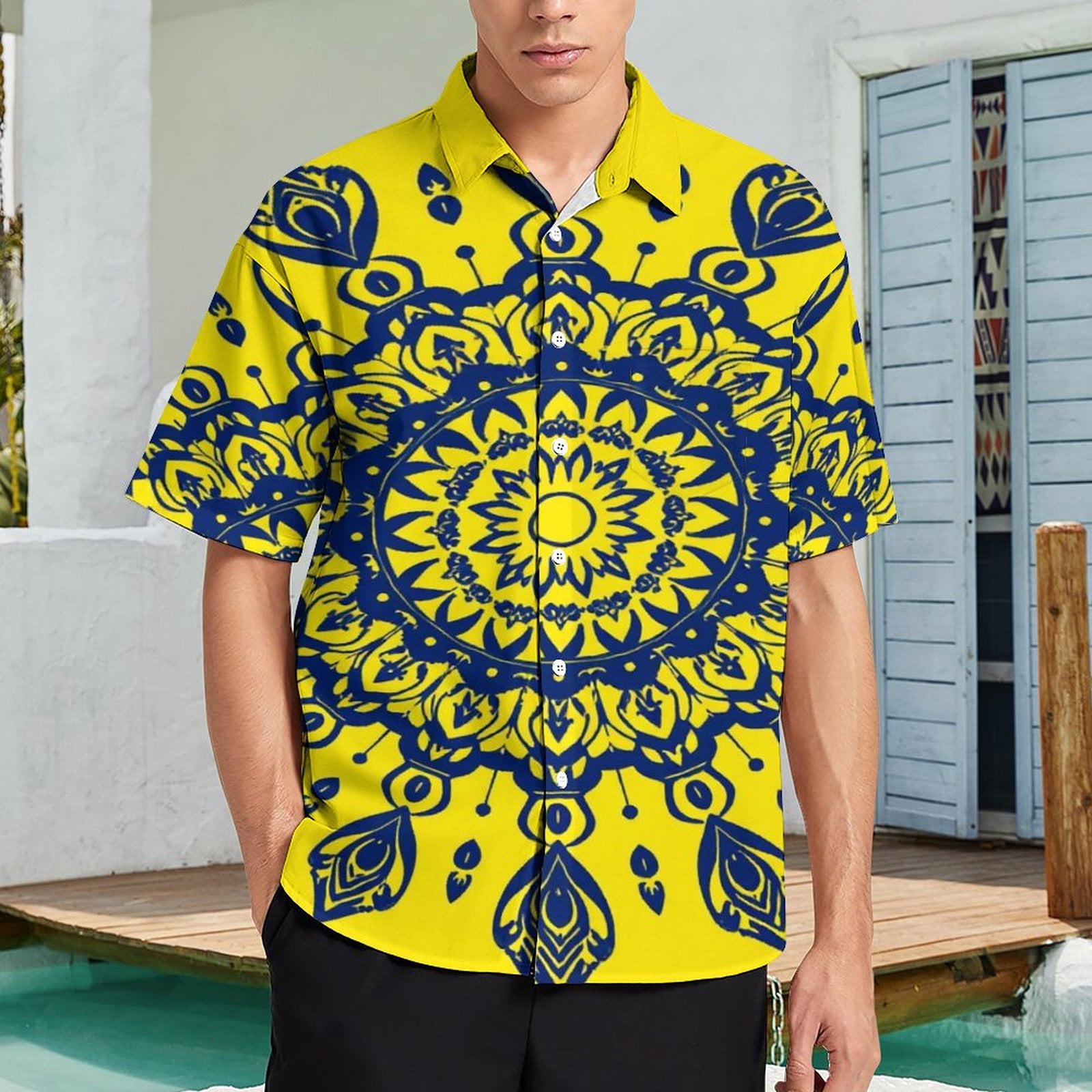 Beach Shirt Yellow Boho Mandala Man Retro Casual Shirts - Walmart.com
