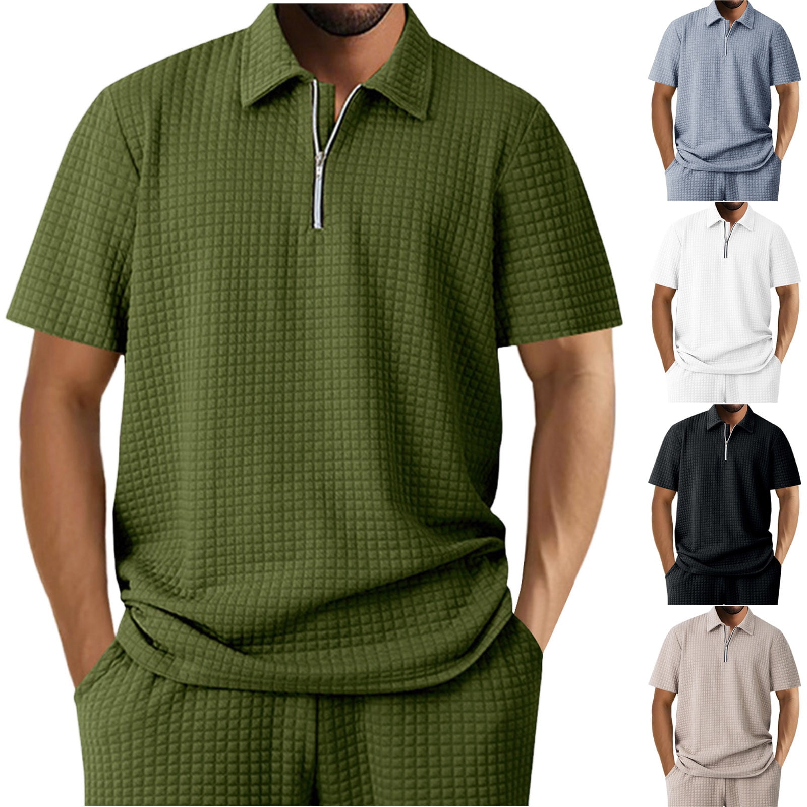 Beach Shirts for Men Fashion Solid Color Chort Sleeved Zipper Lapel Top ...