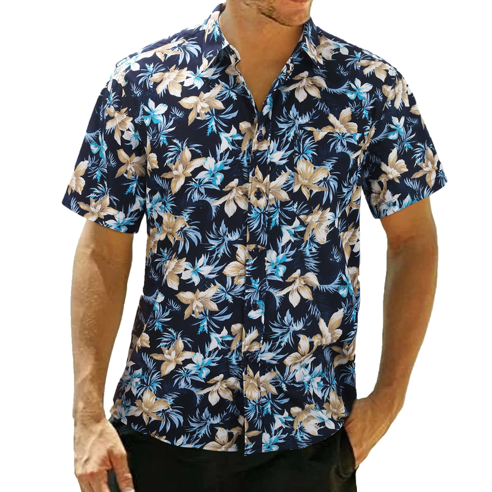 Beach Shirts for Men Short Sleeve Hawaiian Navy Blue Floral Shirt ...