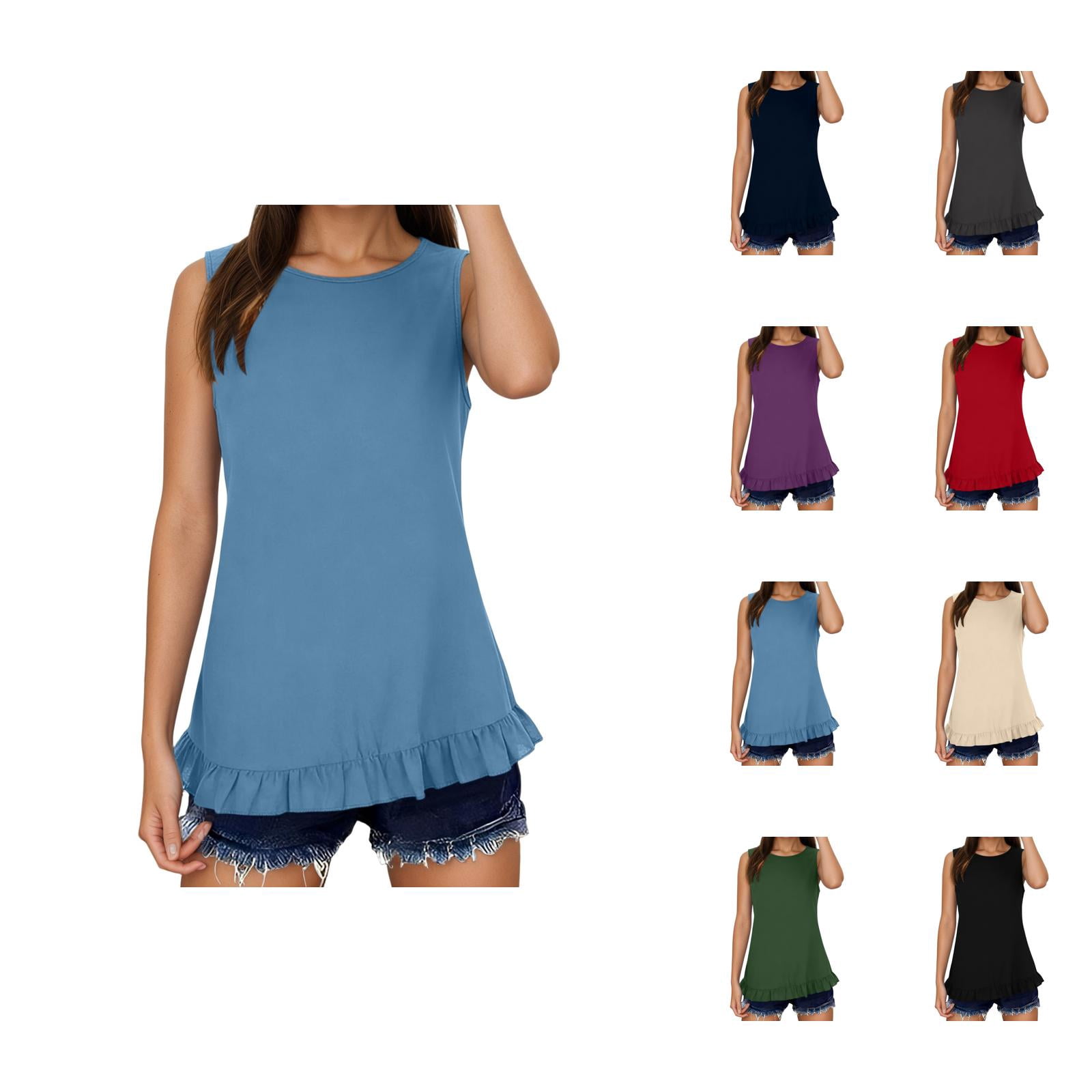 Beach Shirts for Women Summer Sleeveless Crewneck Ruffle Hem Quick Dry ...