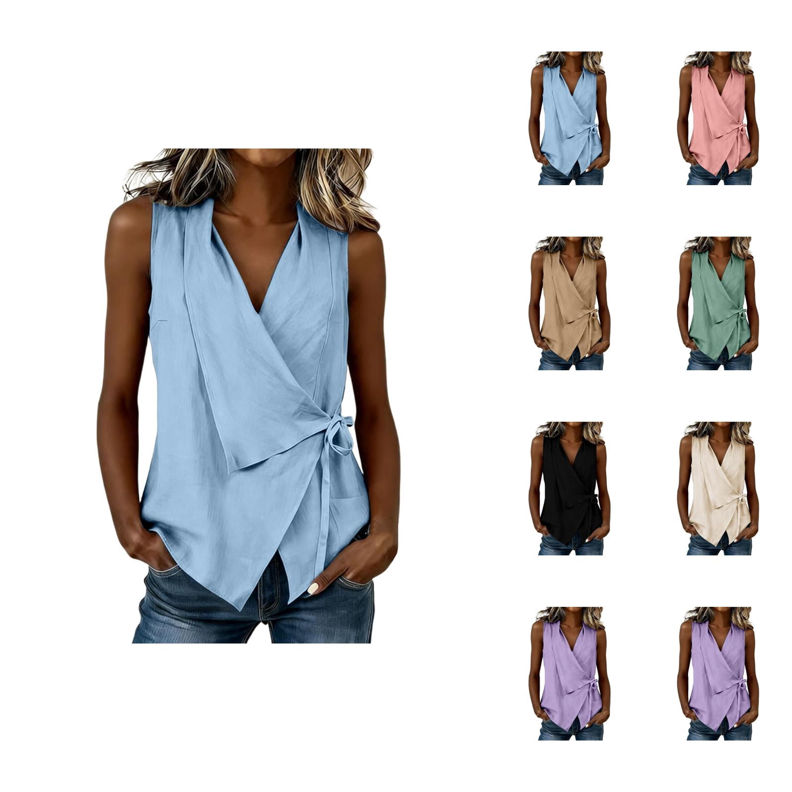 Beach Shirts for Women Summer Sleeveless V Neck Wrap Tie Side Quick Dry ...