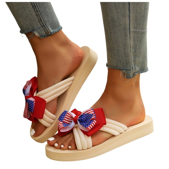 Beach Shoes Slippers for Women Patriotic 4th of July Flag Print Bowknot ...