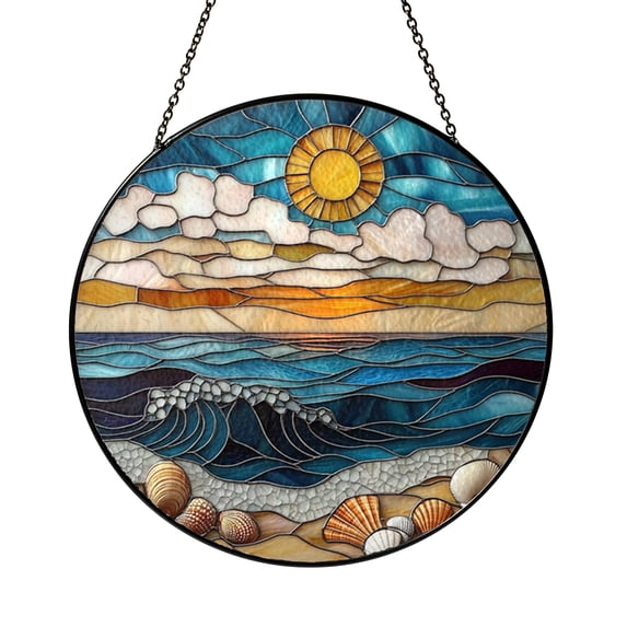 Beach Shore With Seashells Ocean View Stained Glass Style Window ...