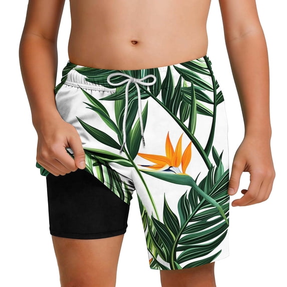Beach Shorts for Boys, Tropical Print Double-Layer Swim Trunks with ...