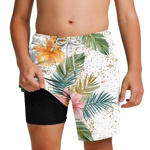 Beach Shorts for Boys, Tropical Print Double-Layer Swim Trunks with ...