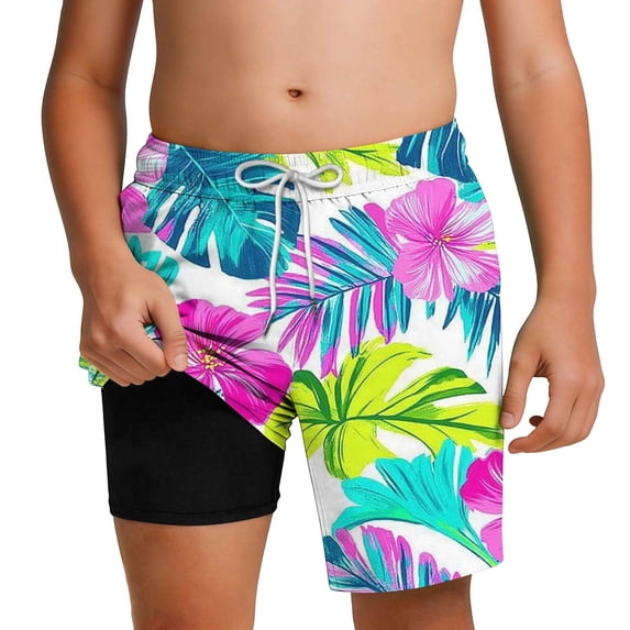 Beach Shorts for Boys, Tropical Print Double-Layer Swim Trunks with ...
