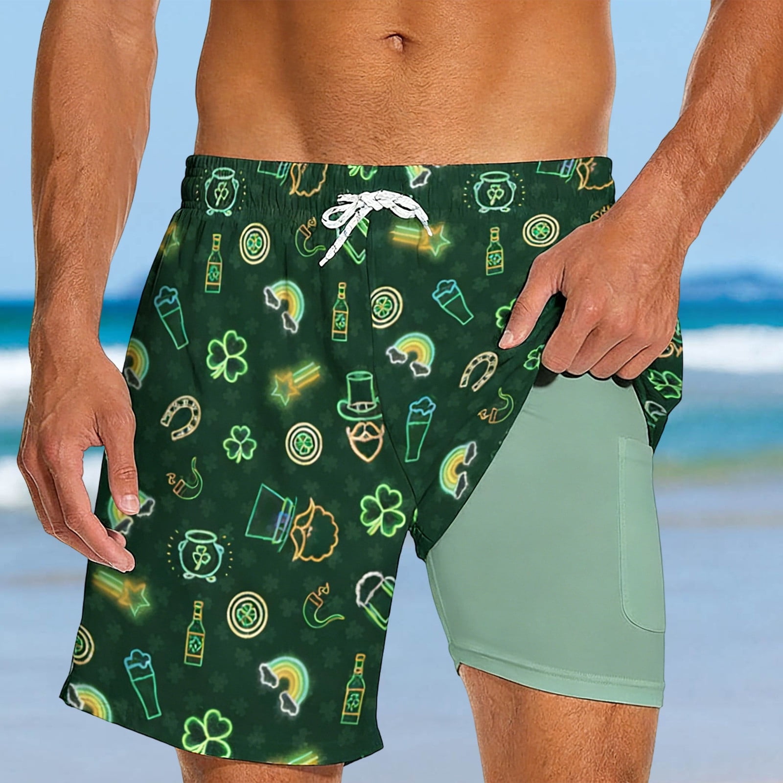 Beach Shorts for Men Stick Figure Print Double Layer Lined Swim Shorts ...
