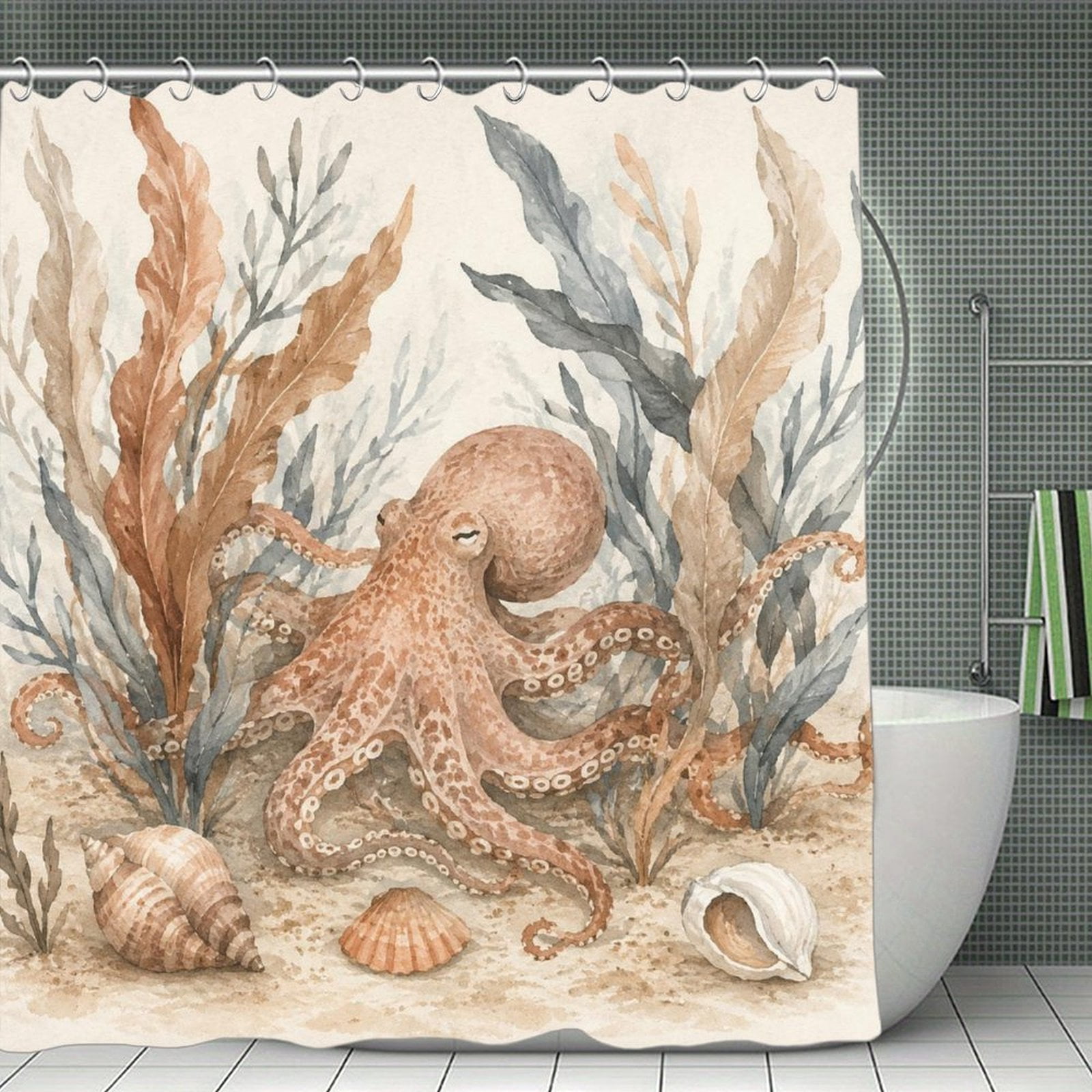 Beach Shower Curtain 70.8×70.8Inch Octopus Among Seaweed Shower Curtain ...