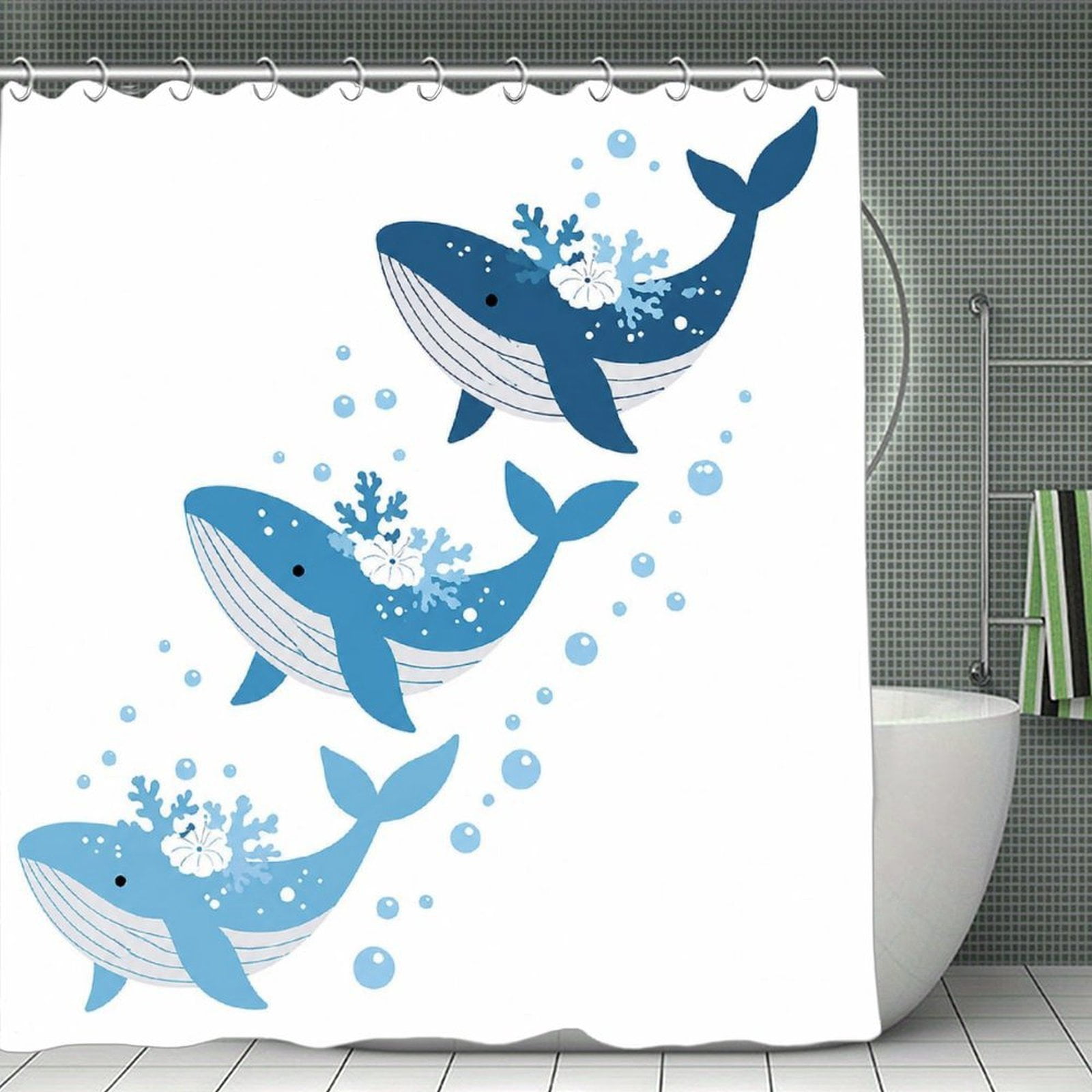 Beach Shower Curtain 70.8×70.8Inch Three Blue Whales with Bubbles ...