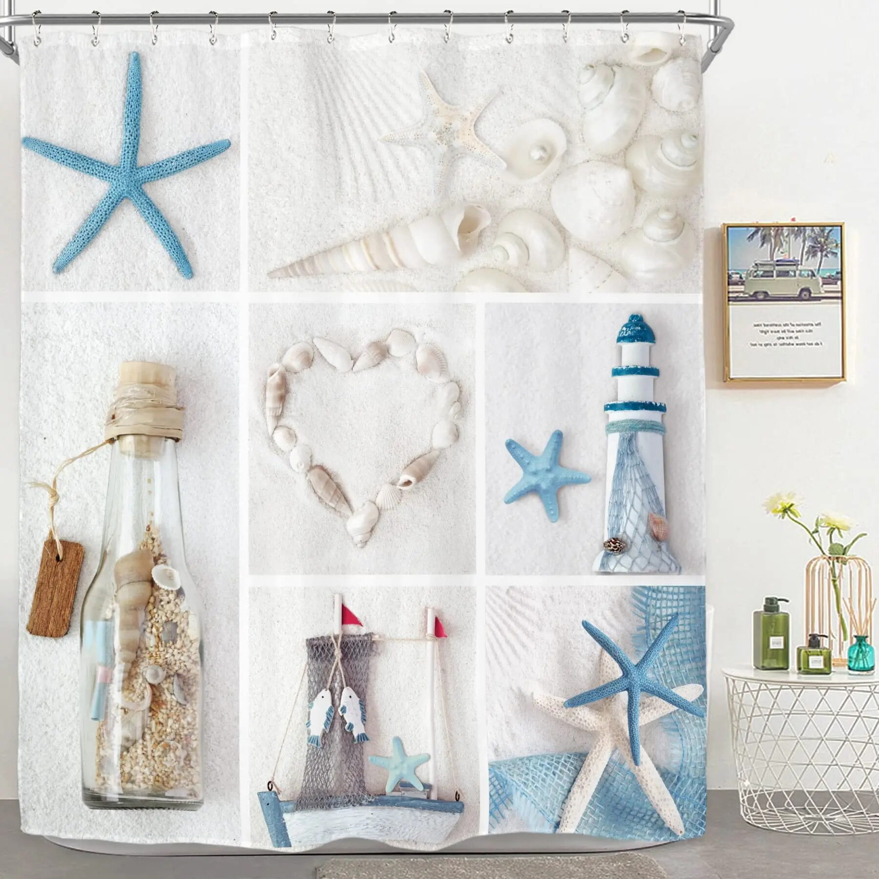 Beach Shower Curtain Coastal s with Seashells Staron Teal Blue Bath Set ...