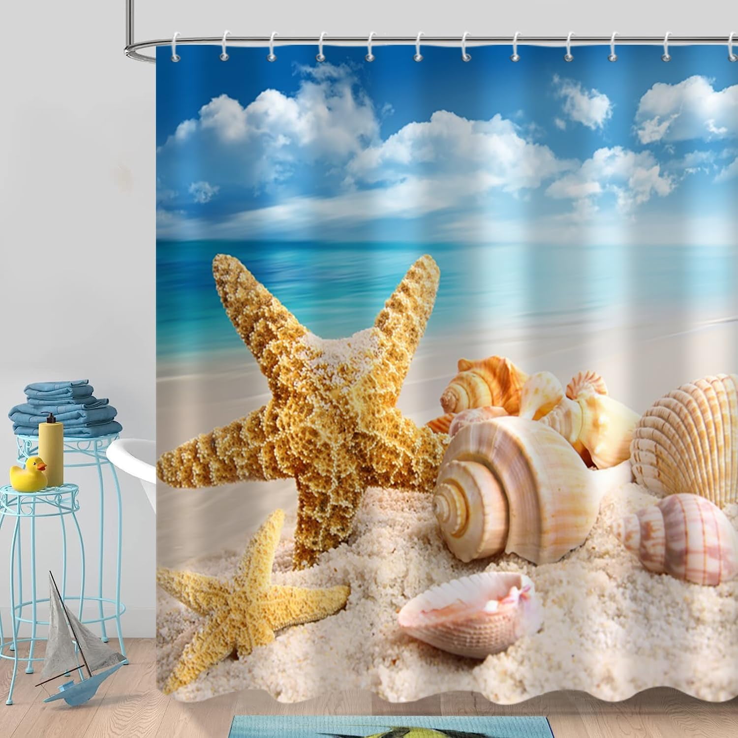 Beach Shower Curtain, Conch Shell Starfish Ocean Landscape Bathroom ...