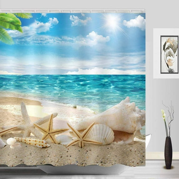 Beach Shower Curtain Fabric Washable Seashell Starfish Bathroom Decor ...