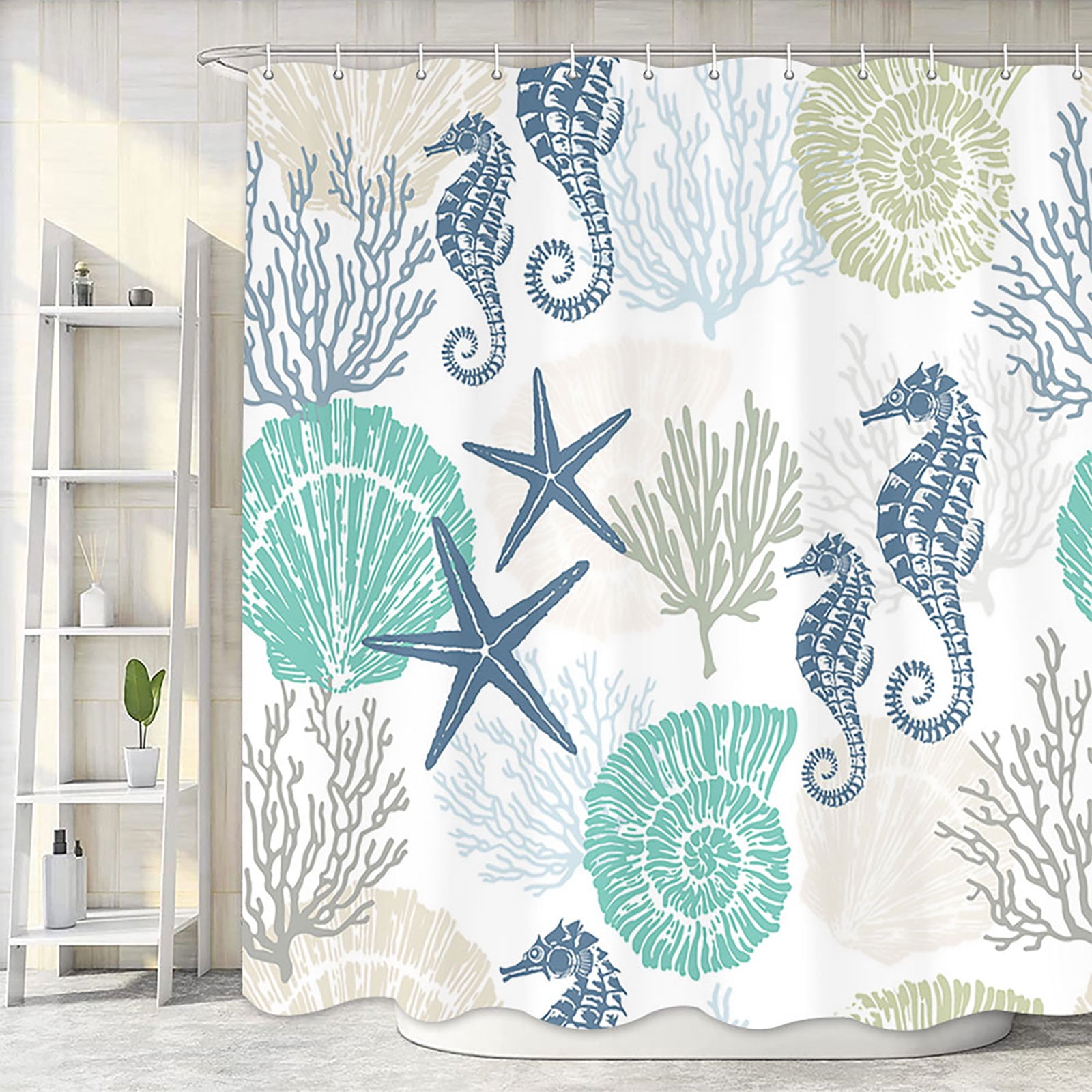 Beach Shower Curtain, Nautical Coastal Sea Shells Stars Seahorse and ...