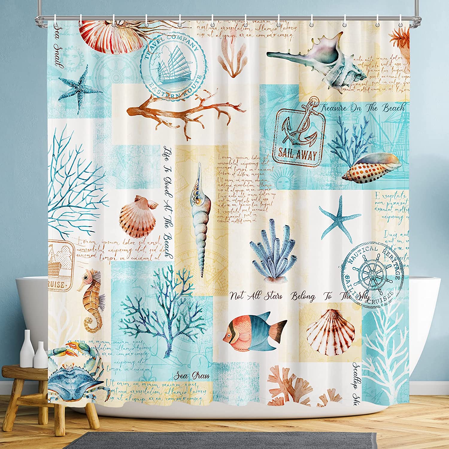 Beach Shower Curtain, Nautical Coastal Shower Curtains Sets for ...