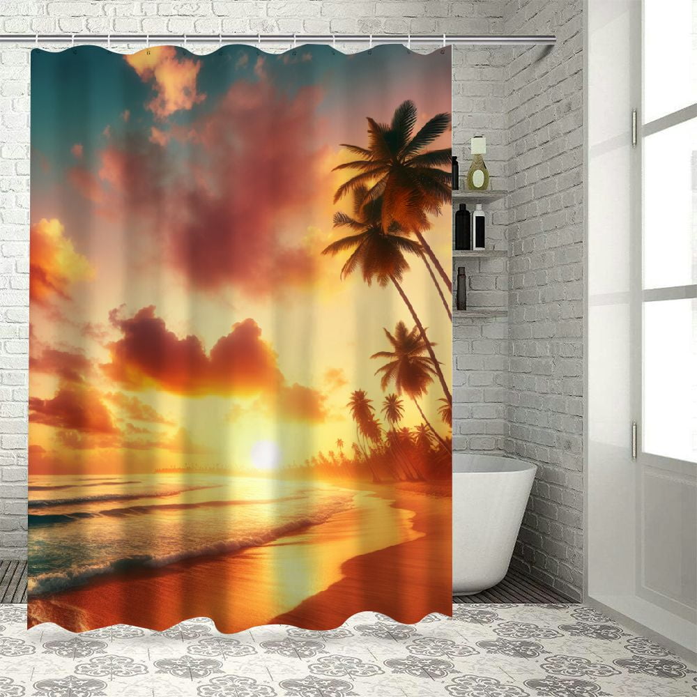 Beach Shower Curtain Ocean Sunset Seaside Coastal Palm Tree Fabric Bath ...