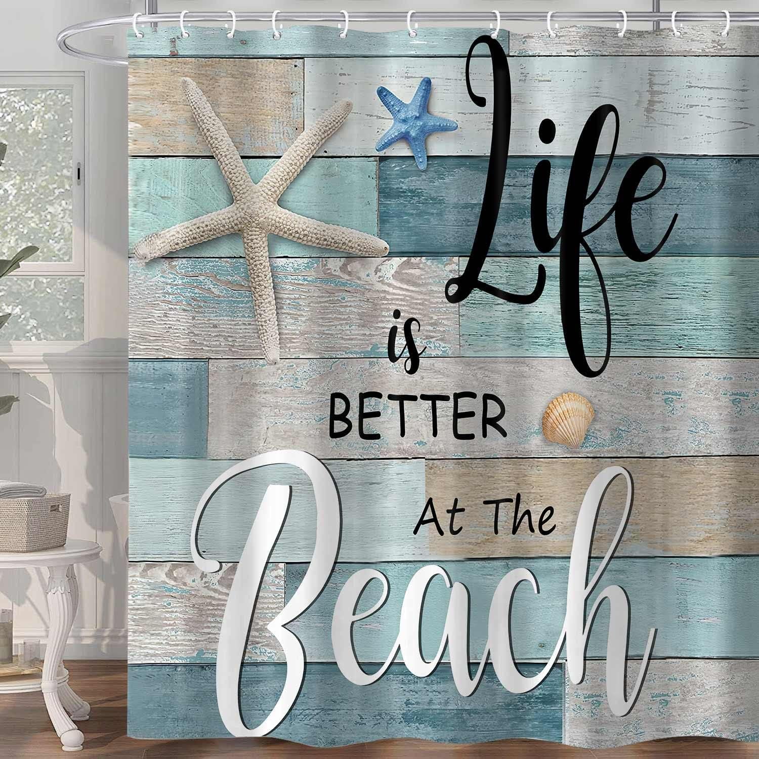 Beach Shower Curtain, Rustic Vintage Wood Ocean Quote Words Summer ...