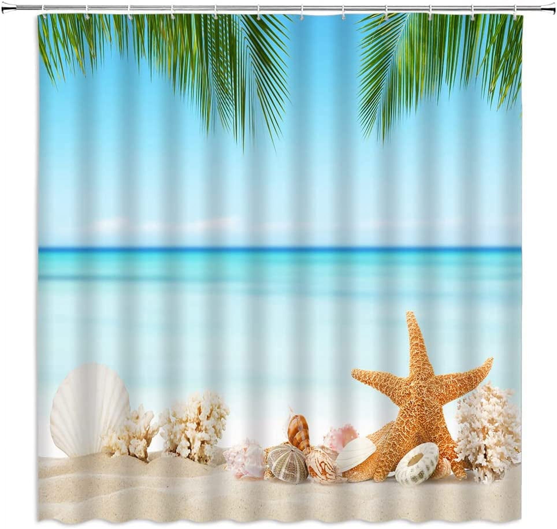 Beach Shower Curtain Seashell Ocean Starfish Tropical Palm Leaf Sea ...