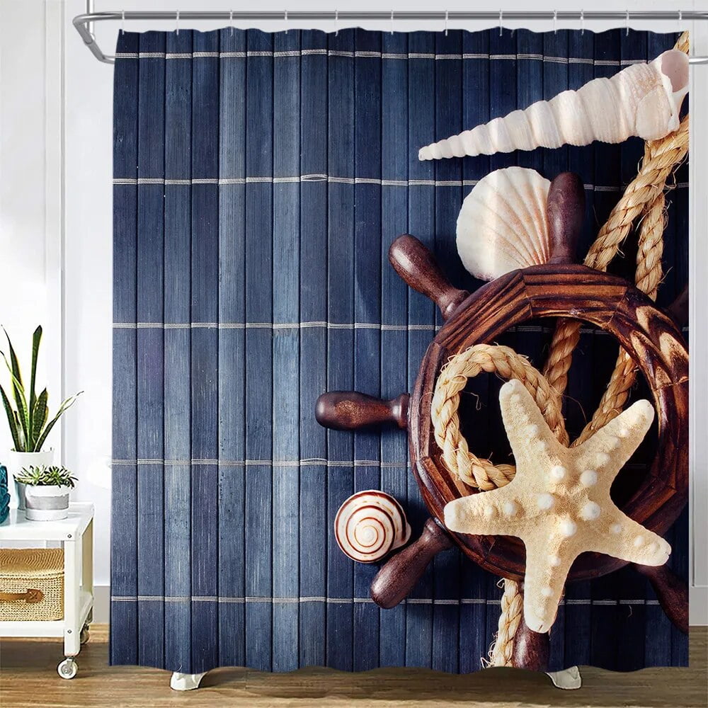 Beach Shower Curtain Set tarand Seashells on Blue Ocean Water Polyester ...