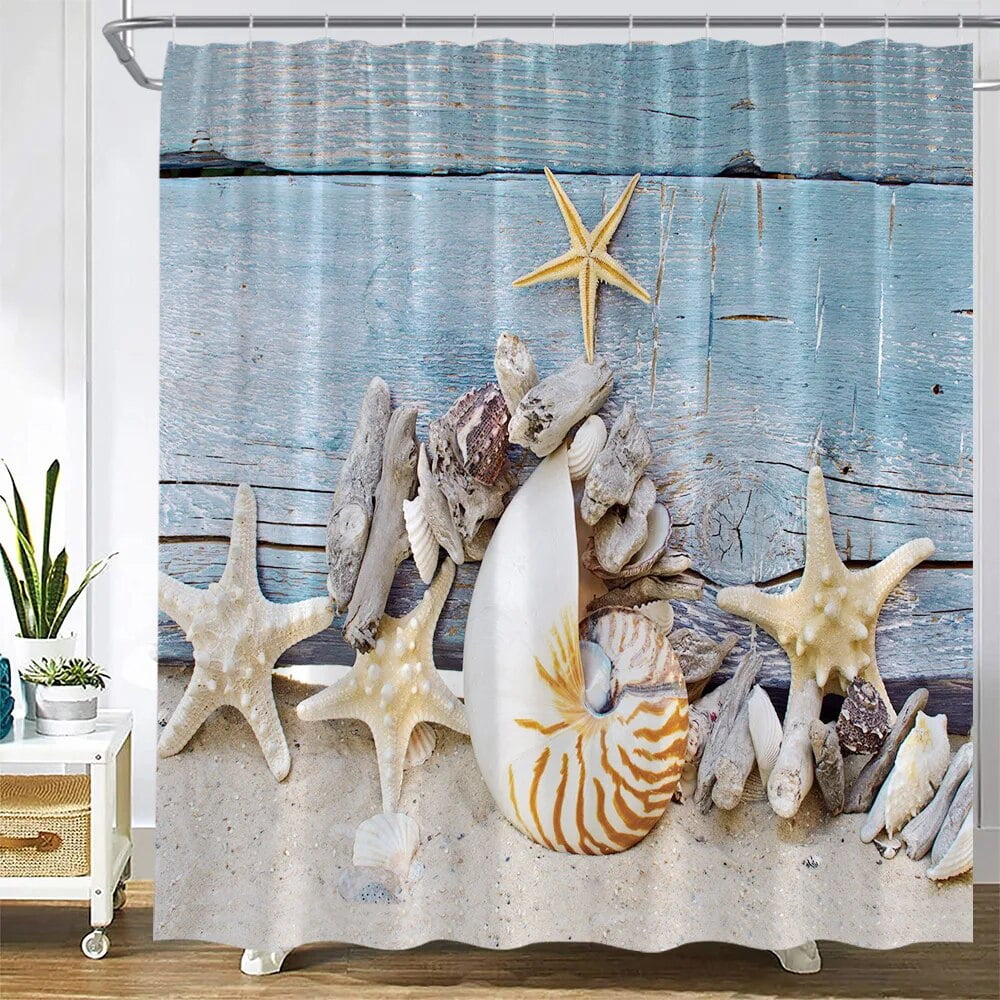 Beach Shower Curtain Set tarand Seashells on Blue Ocean Water Polyester ...