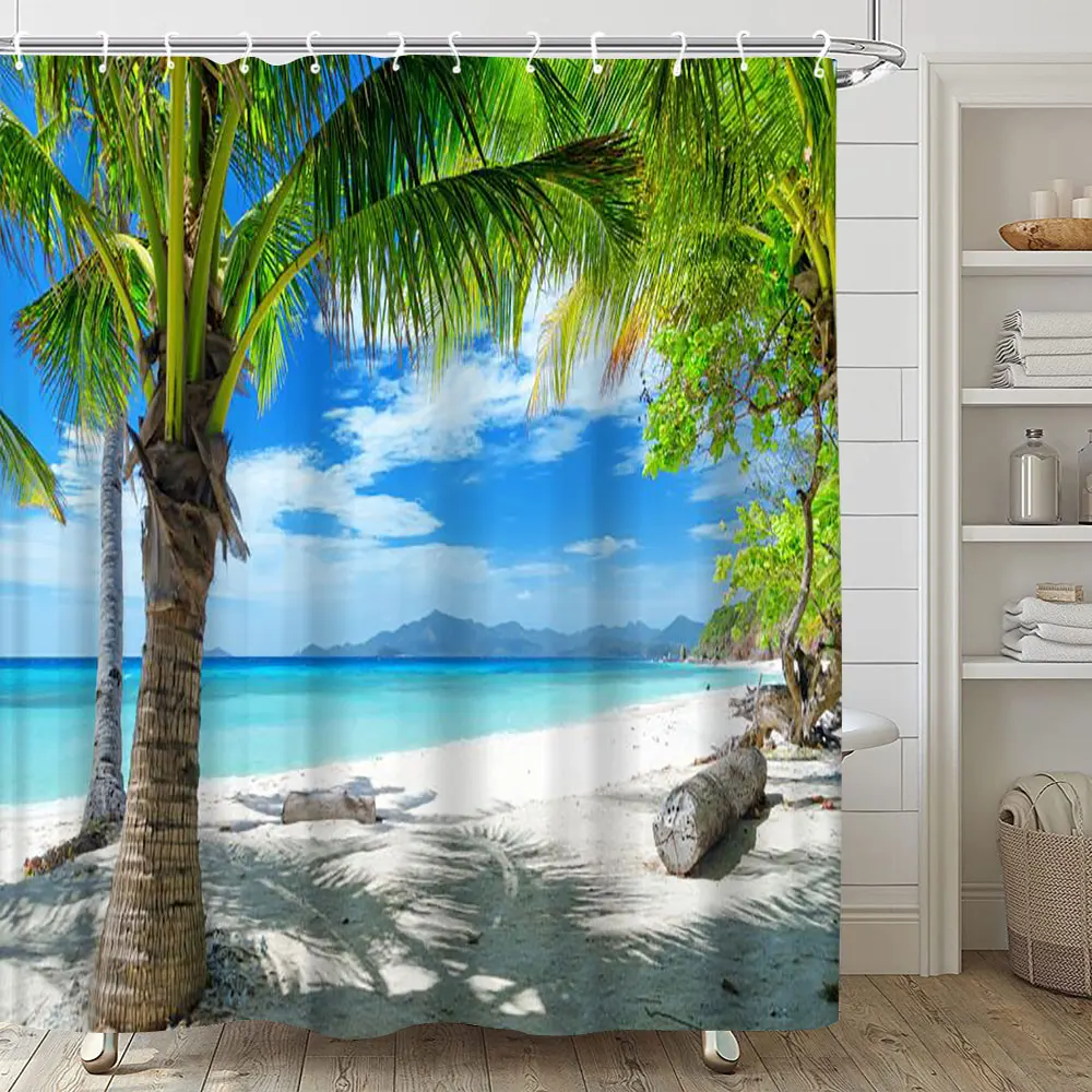 Beach Shower Curtain Star Shells Blue Sky Sand Ocean Landscape ...