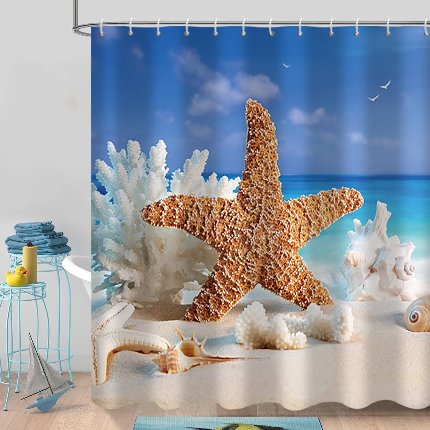 Beach Shower Curtain, Summer Ocean Starfish Coral Conch Seashell Beach ...