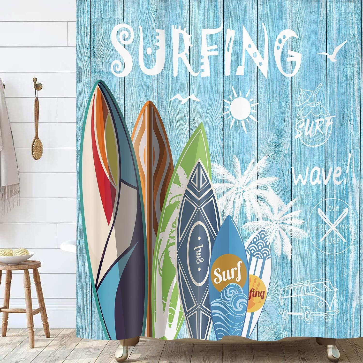 Beach Shower Curtain, Summer Surfing Tropical Surfboard Palm Tree on ...