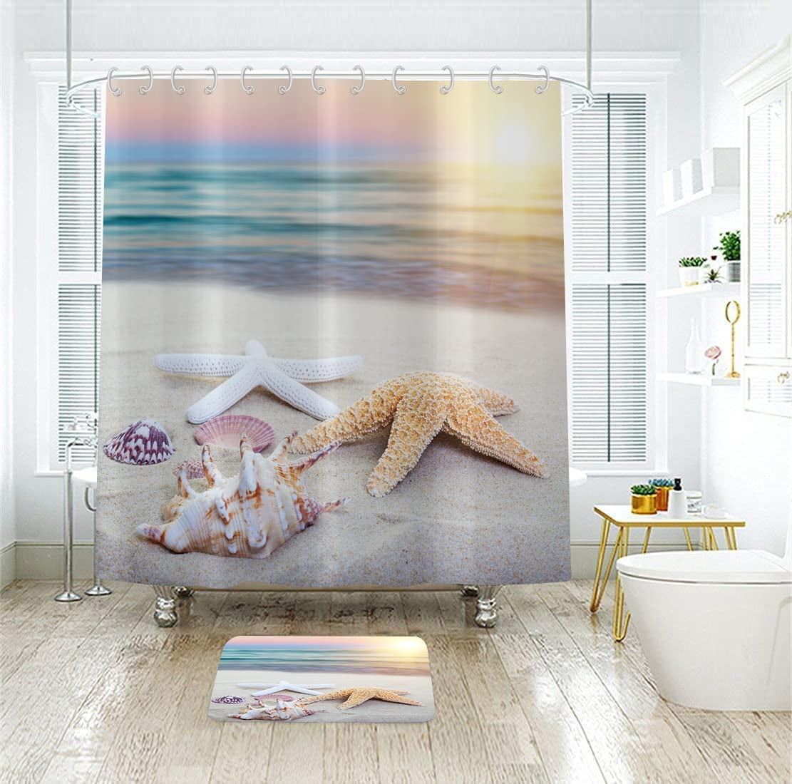 Beach Shower Curtain, Summer Tropical Ocean Beach Theme Starfish Conch ...