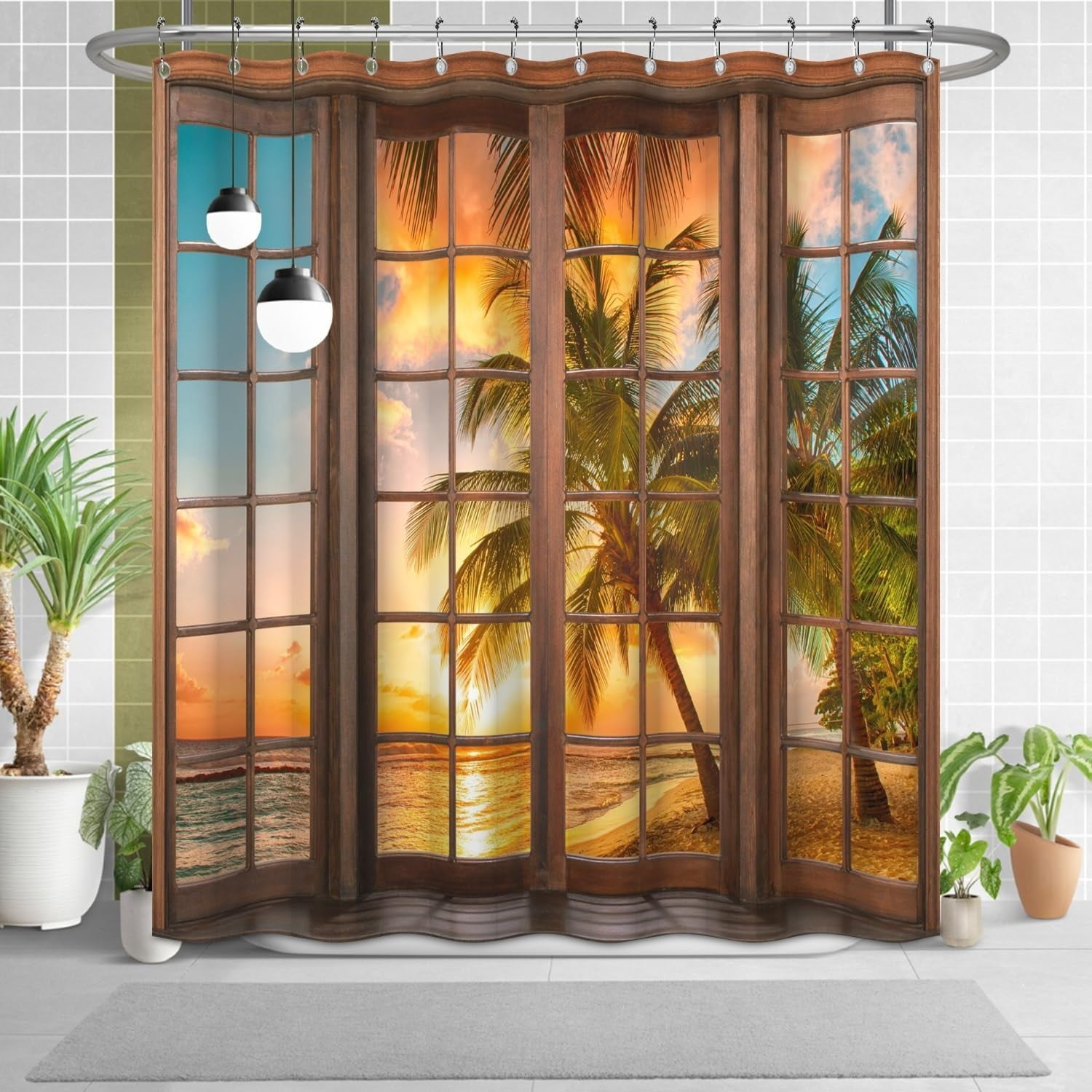 Beach Shower Curtain, Window View Sunset Shower Curtain for Bathroom ...