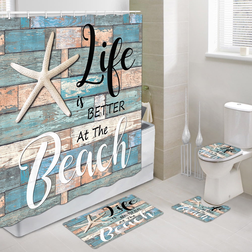 Beach Shower Curtain and Bath Mat Set 69x70 Inch, Nautical Coastal ...