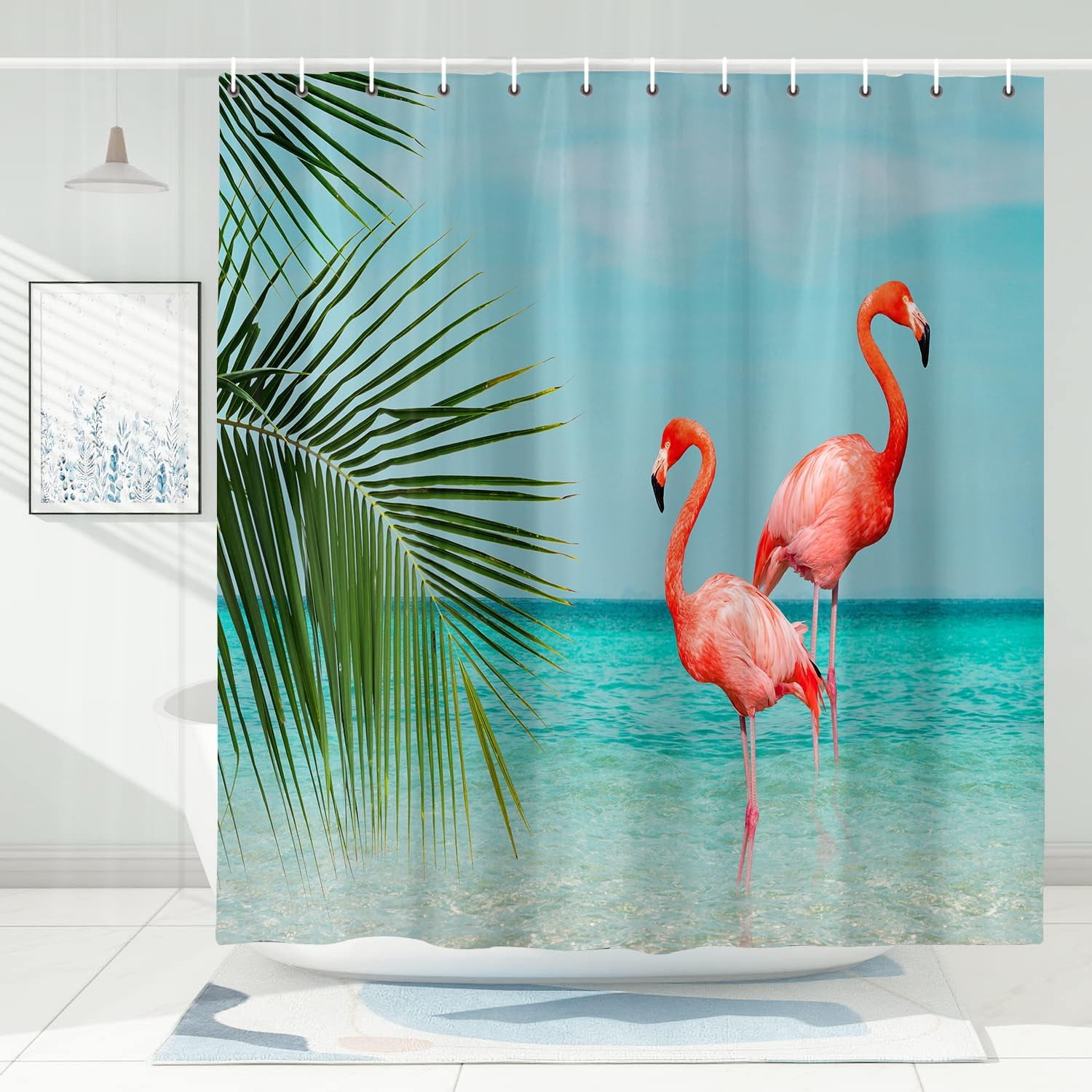 Beach Shower Curtain with Flamingo, Blue Teal Sea Pink Flamingo Bath Curtain Tropical Theme ...