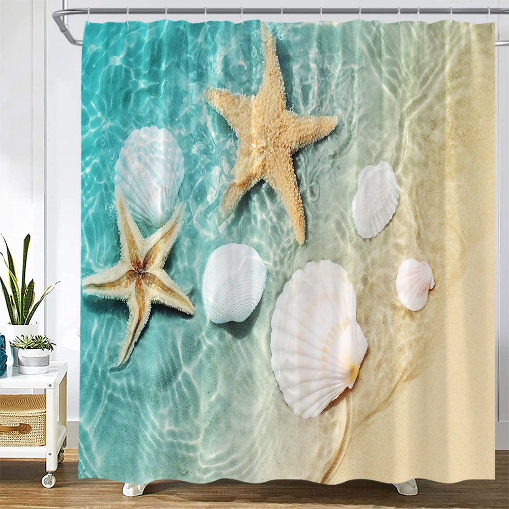 Beach Shower Curtains Creative St Footprint Star Shells Modern Ocean ...
