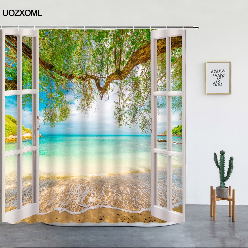 Beach Shower Curtains Ocean Sea Island Coconut Trees Conch Sailboat ...