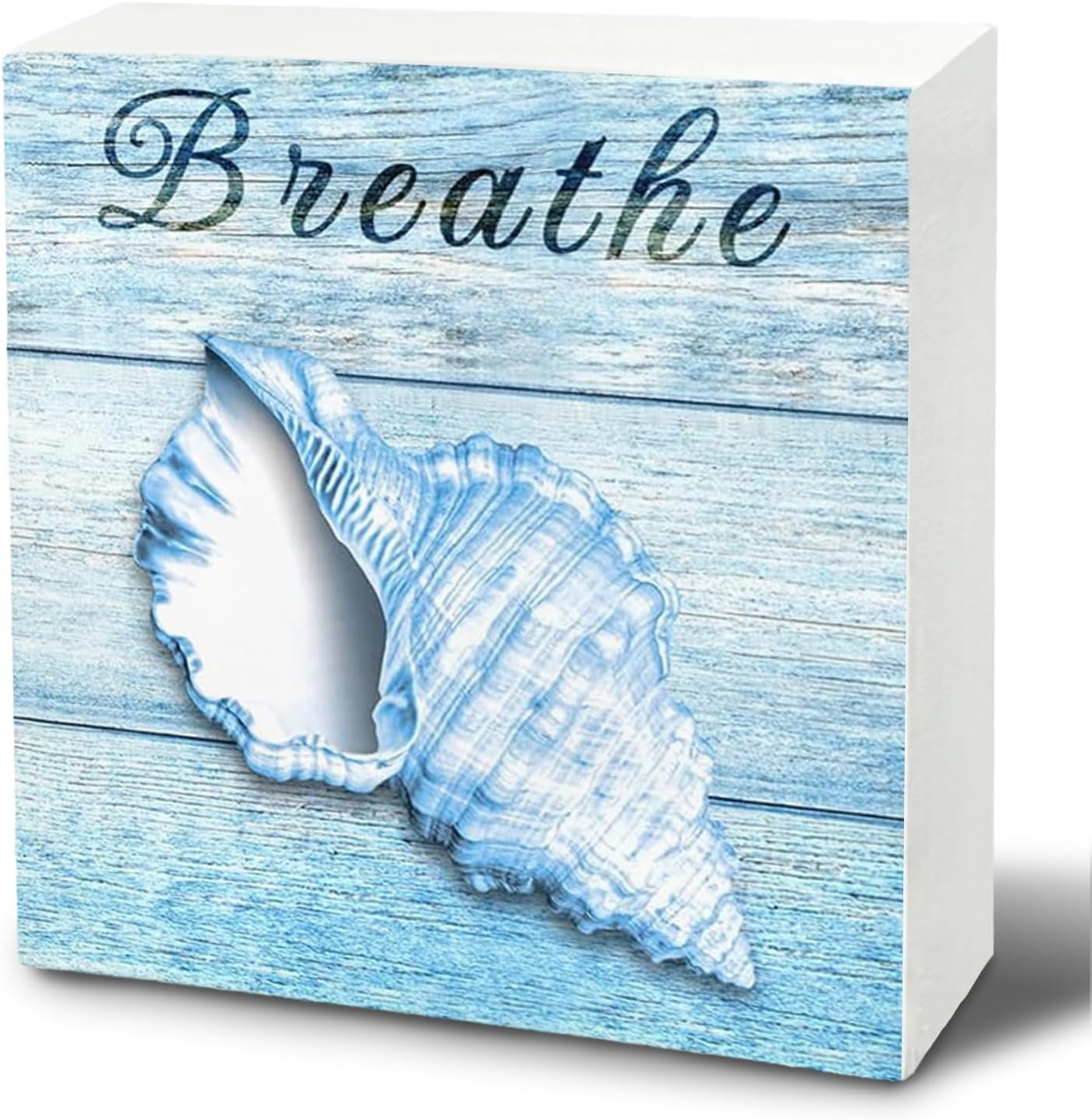 Beach Signs Decor, Breathe Rustic Sea Snail Conch Blue Wooden Box Sign ...