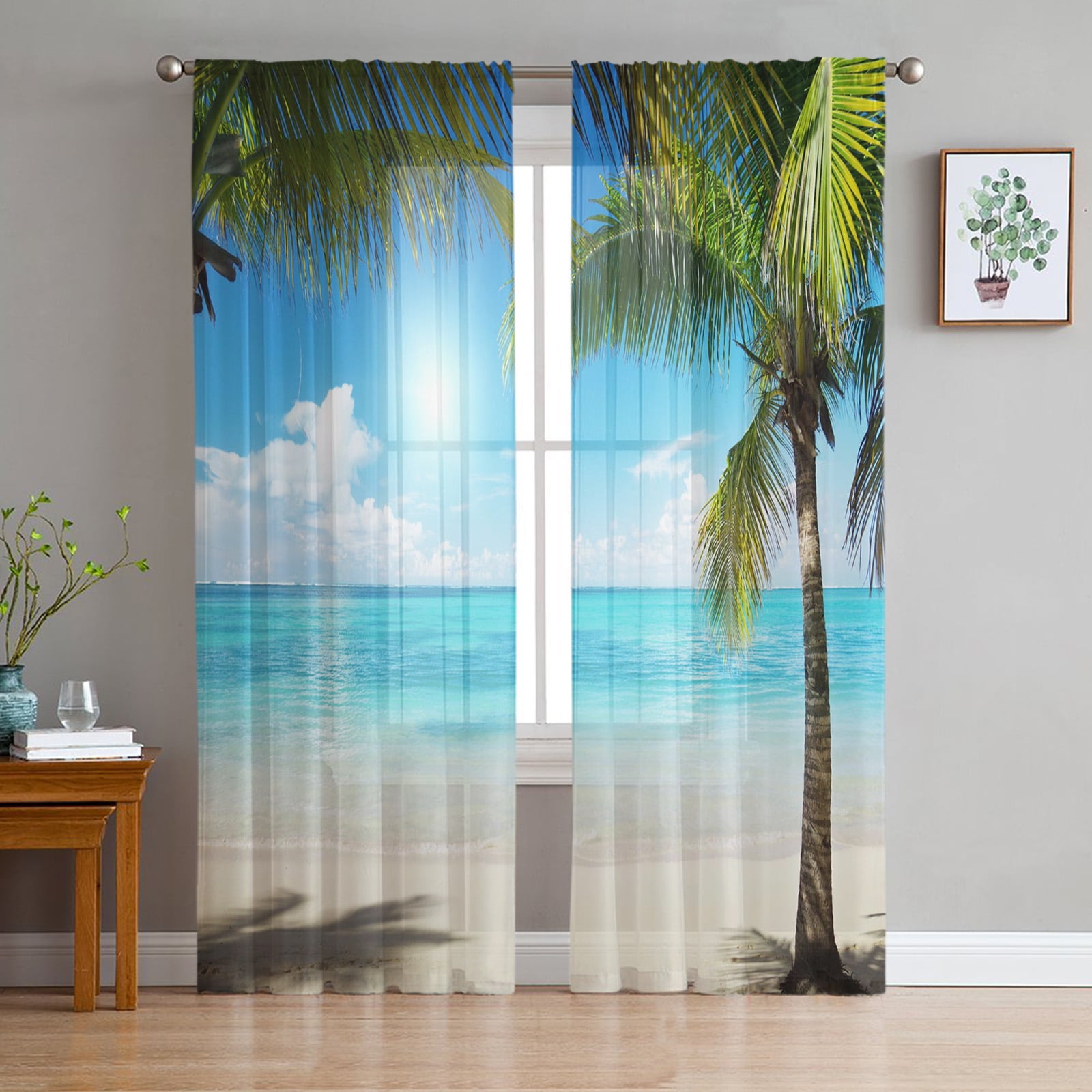 Beach Sky Clouds Coconut Trees Sea Landscape Sheer Curtains Living Room ...