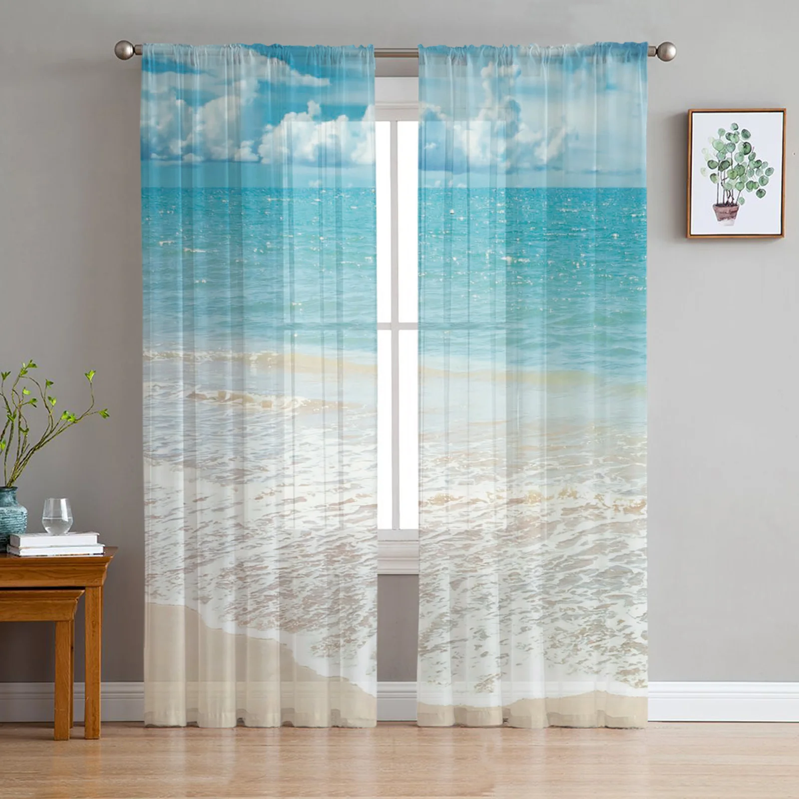 Beach Sky Sea Ocean Sheer Curtains for Living Room ration Tulle Voile ...