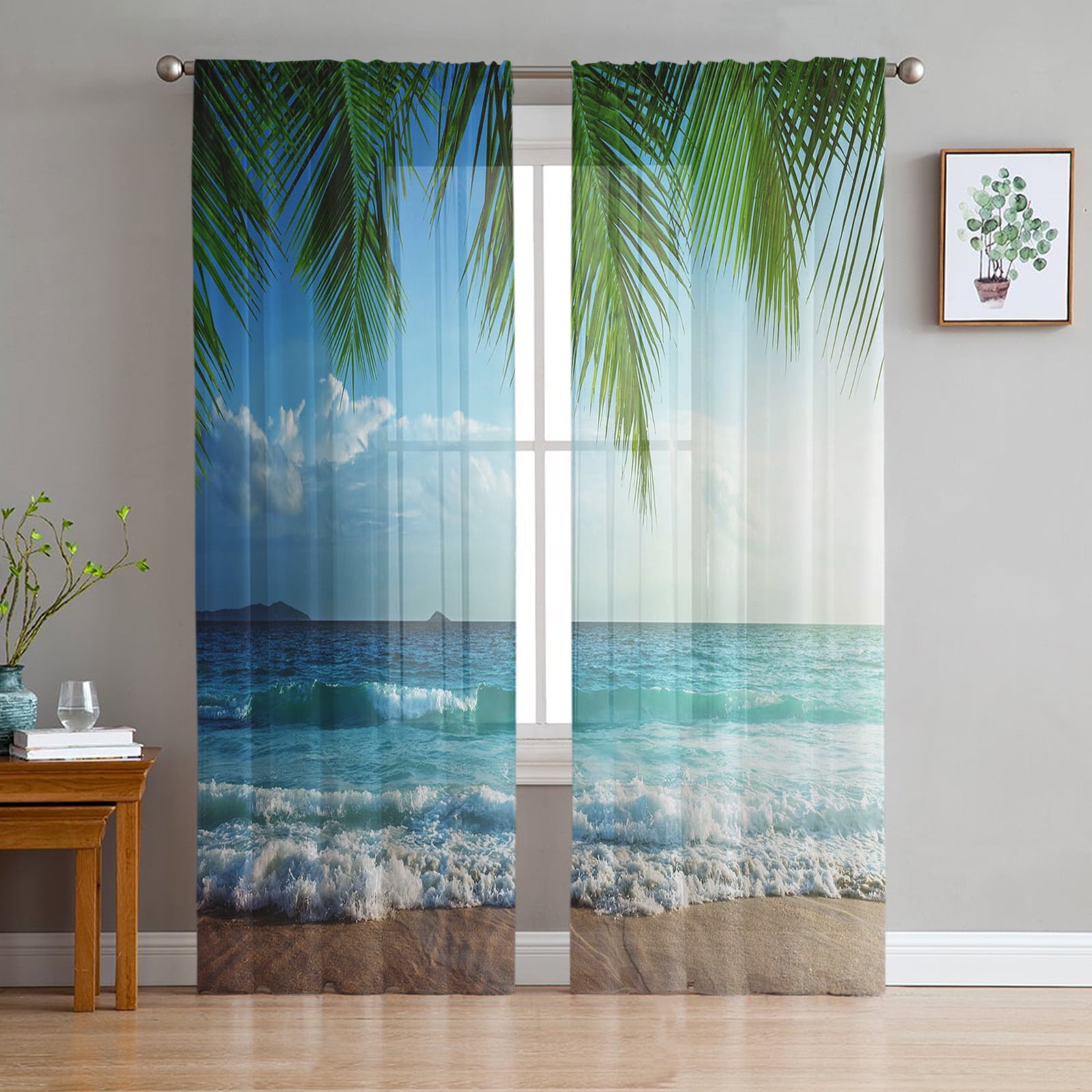 Beach Sky Sea Print Sheer Window Panel Curtains Room for Living Room ...