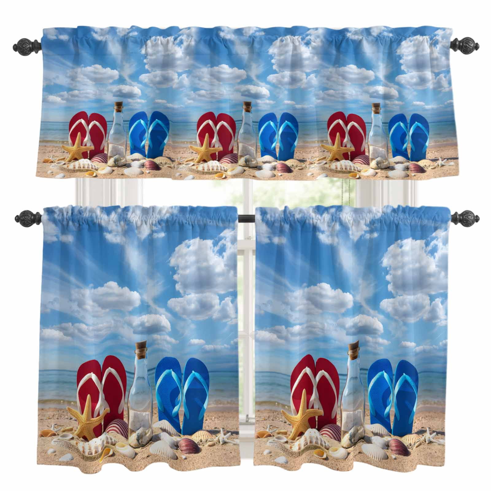 Beach Slippers Kitchen Curtains Sets for Windows 36 Inch Length, Ocean ...