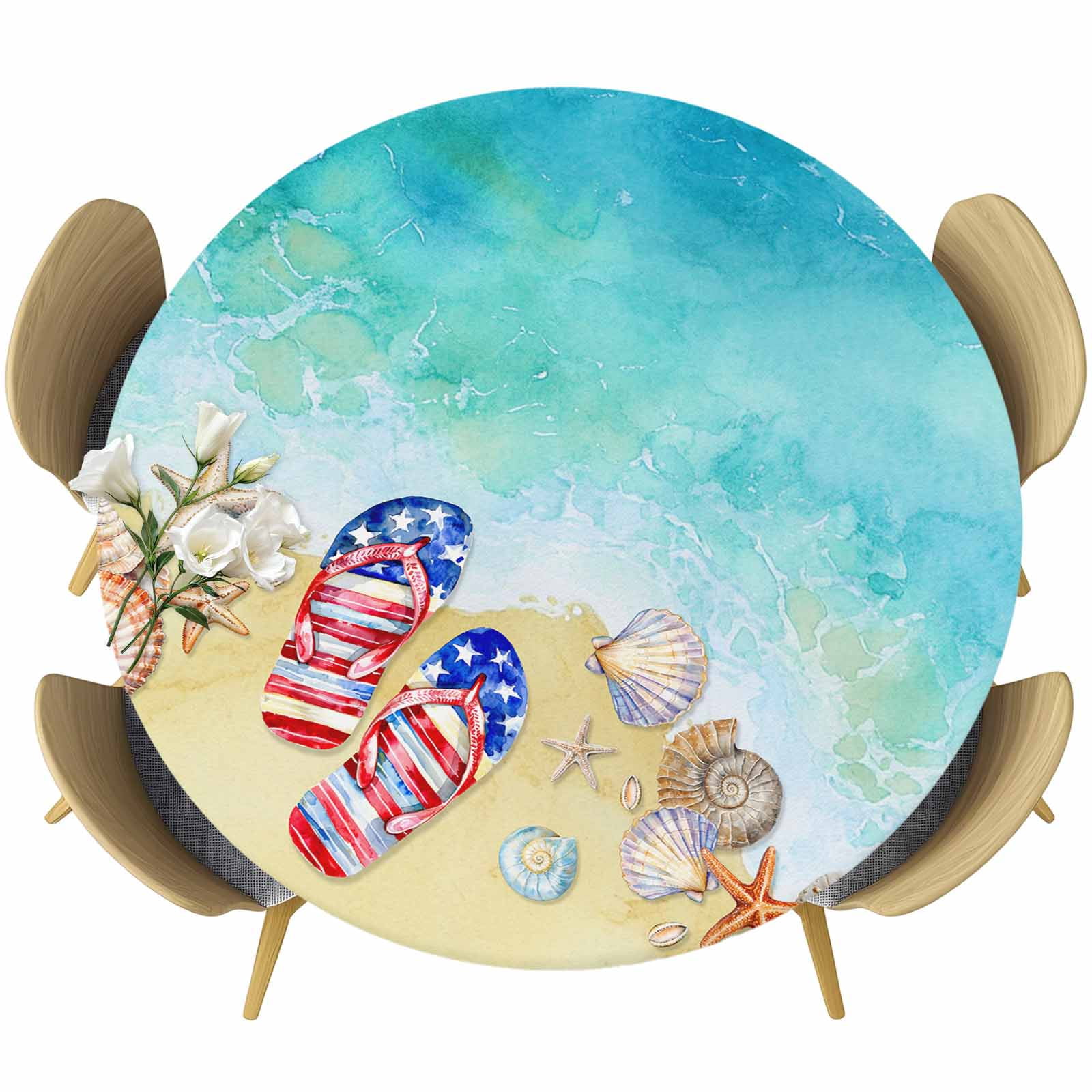 Beach Slippers Round Fitted Tablecloth with Elastic Edge, Summer ...