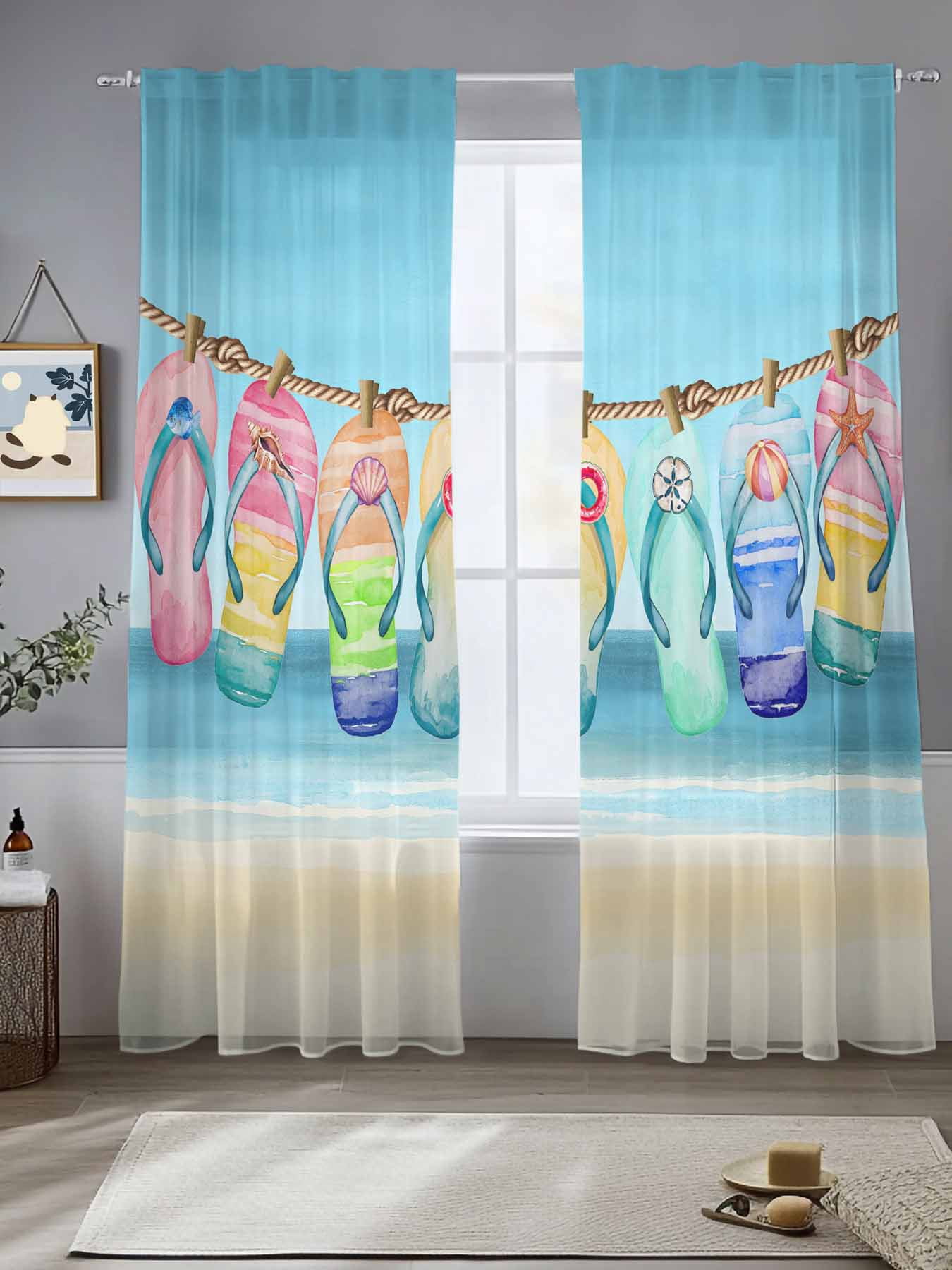 Beach Slippers Sheer Curtains for Living Room Bedroom Blue Summer Ocean ...