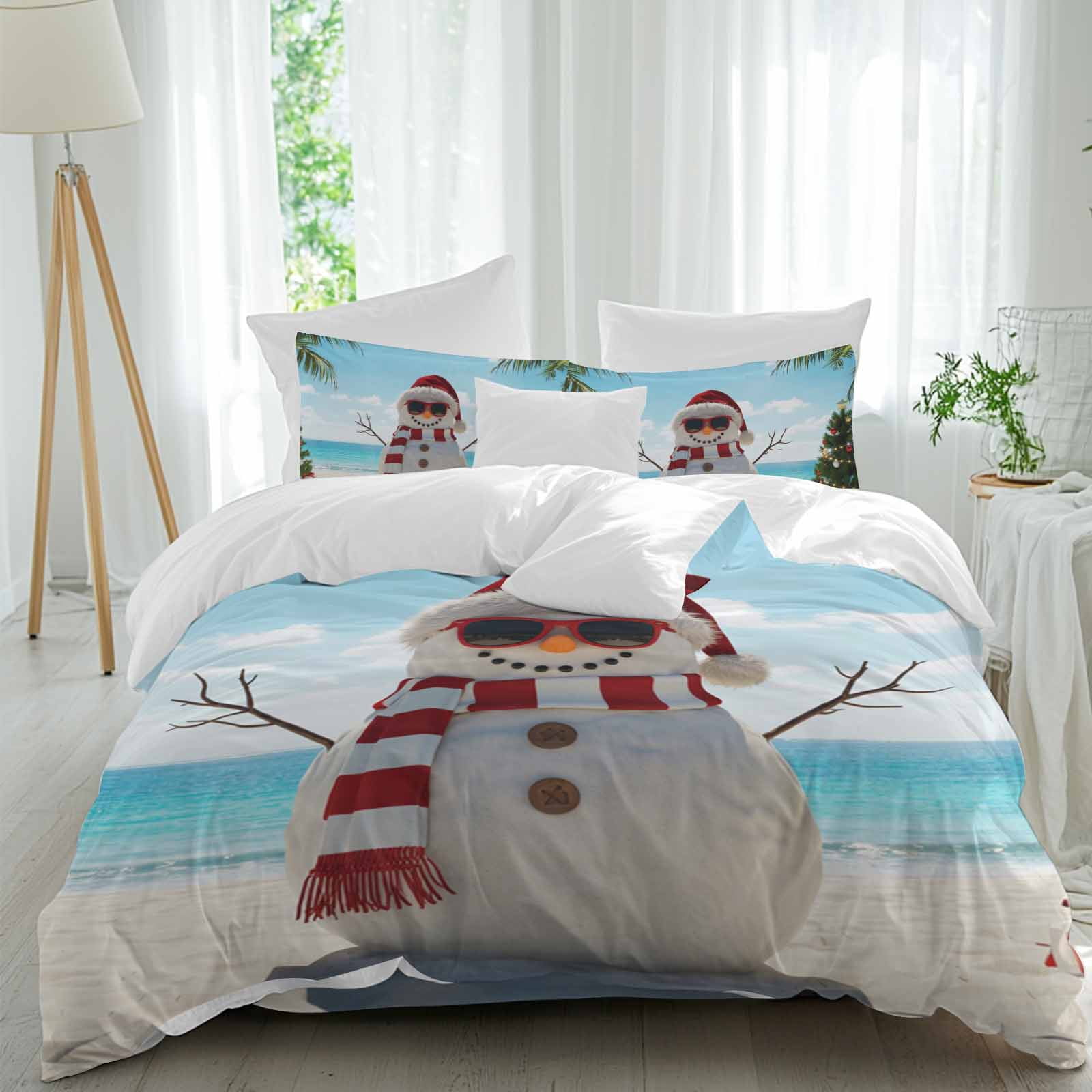 Beach Snowman Comforter Set Queen Size, Abstract Christmas Snowman on ...
