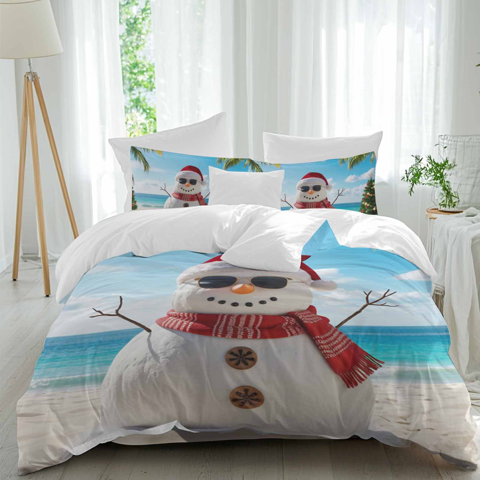 Beach Snowman Duvet Cover Set Twin Size, Ocean Blue Sky Abstract ...