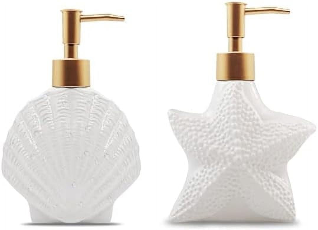Beach Soap Dispenser Set, White Ceramic Lotion Bottle with Golden Matte ...
