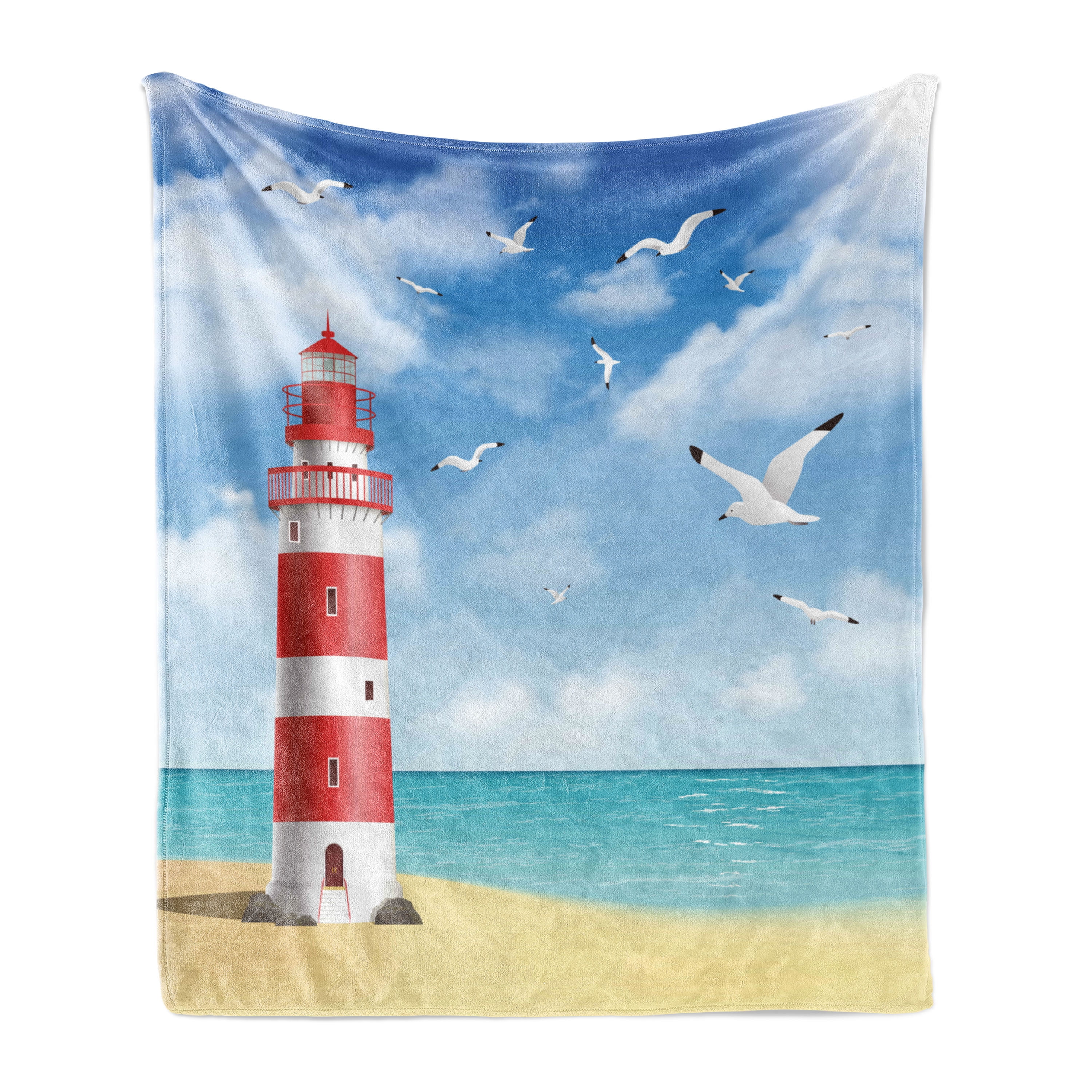 Beach Soft Flannel Fleece Blanket, Realistic Illustration Lighthouse on ...