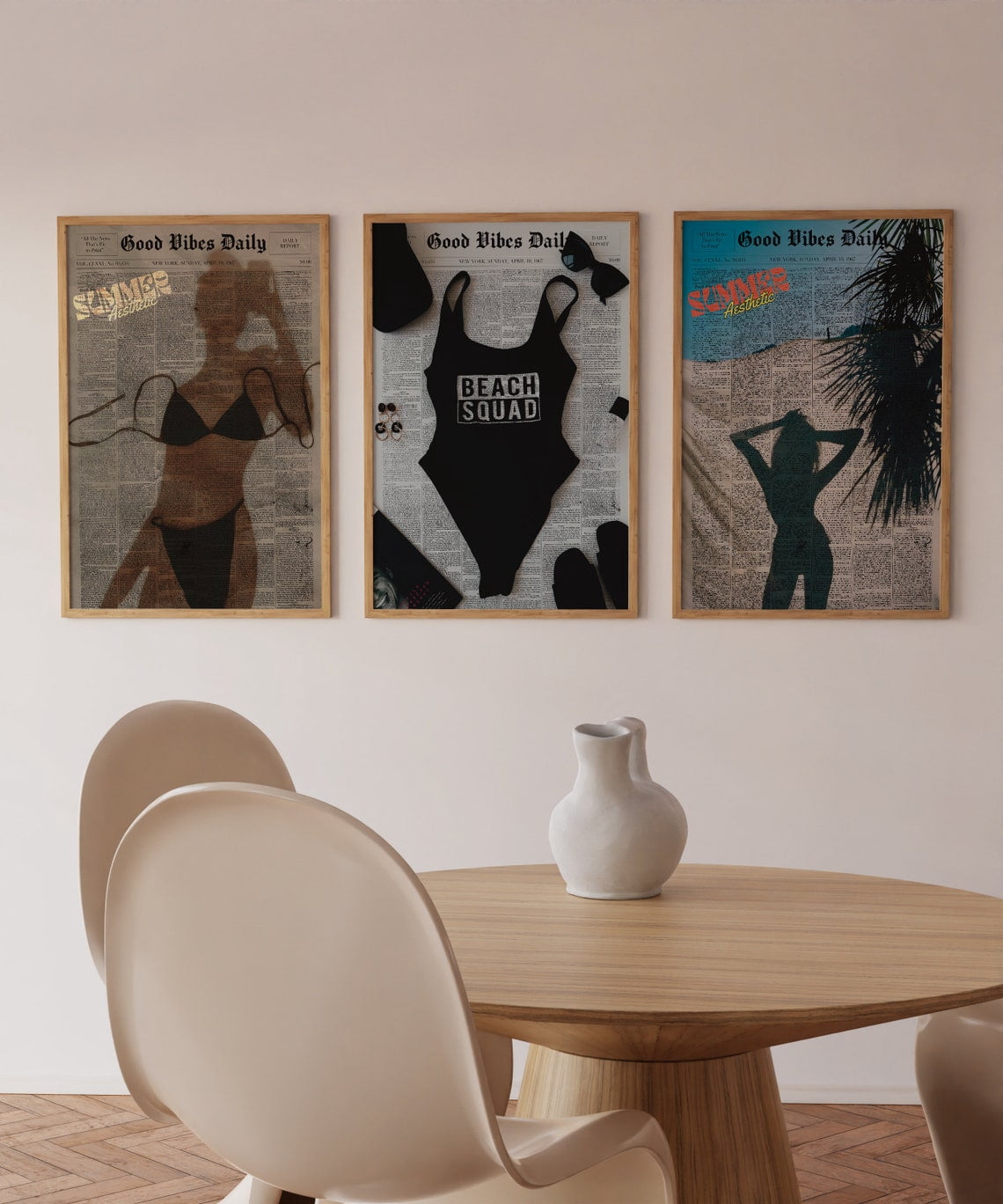 Beach Squad Typography Retro Newspaper Art Set 3 Stretched Canvas ...