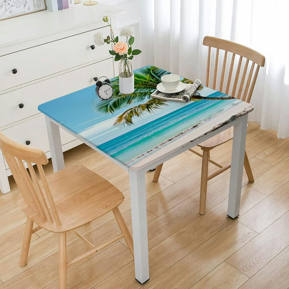 Beach Square Fitted Table Cloths, Coconut Palm Tree Wipe Clean Elastic ...