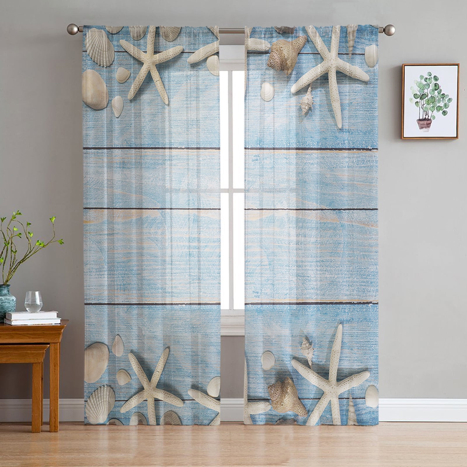 Beach Star Blue Wooden Texture Chiffon Sheer Curtains for Living Room ...