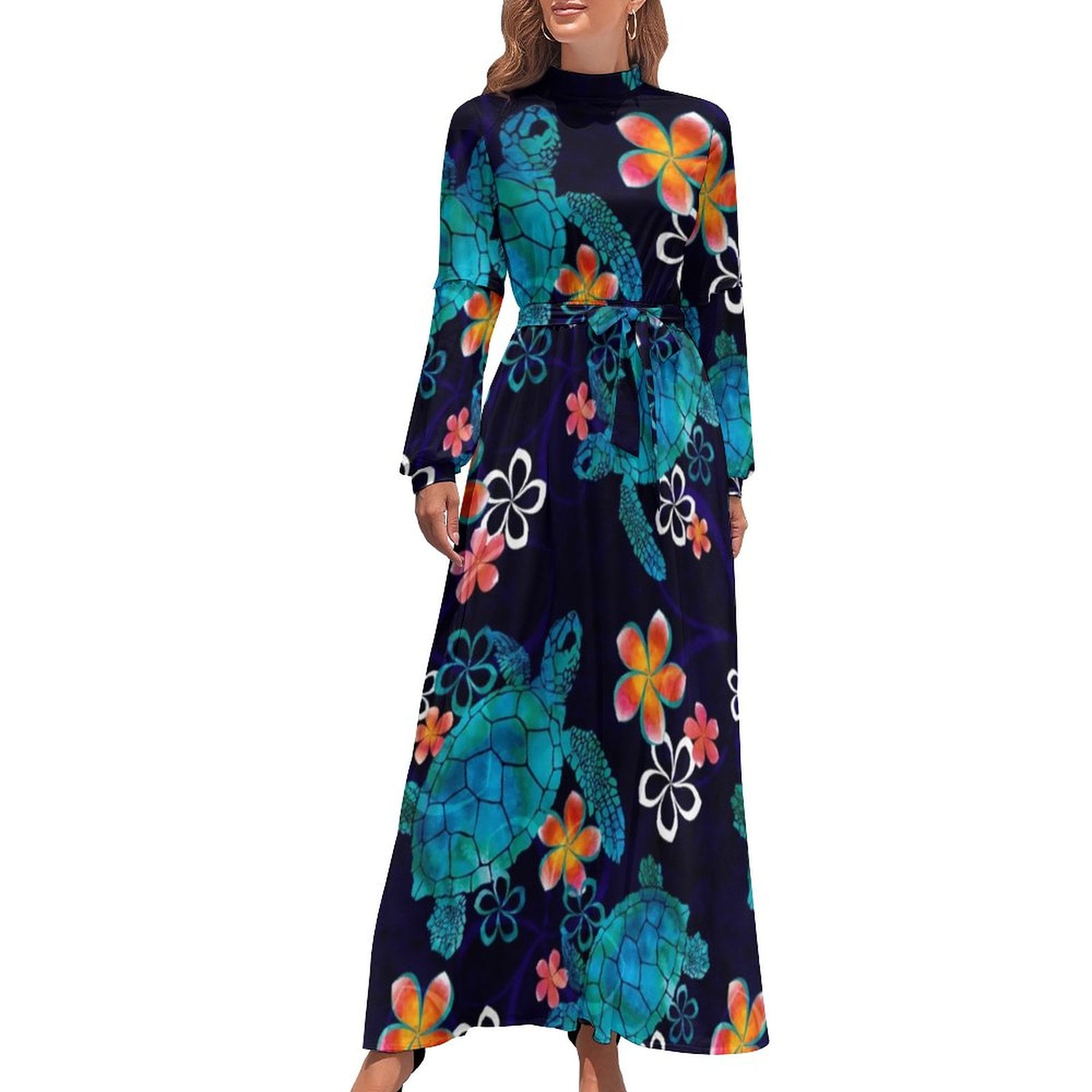 Beach Star Print Dress Long Sleeve Sea Shells Cute Maxi Dress High ...